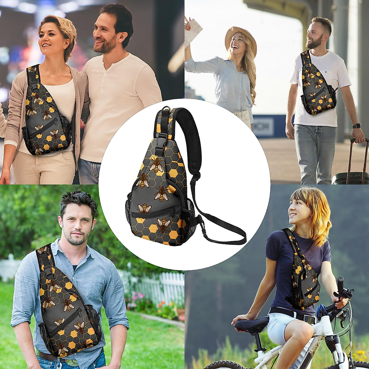 FyLybois Honeycomb Bee Sling Bag Crossbody Travel Hiking Bags Mini Chest Backpack Casual Shoulder Daypack for Women Men with Strap Lightweight Outdoor Sport Climbing Runners