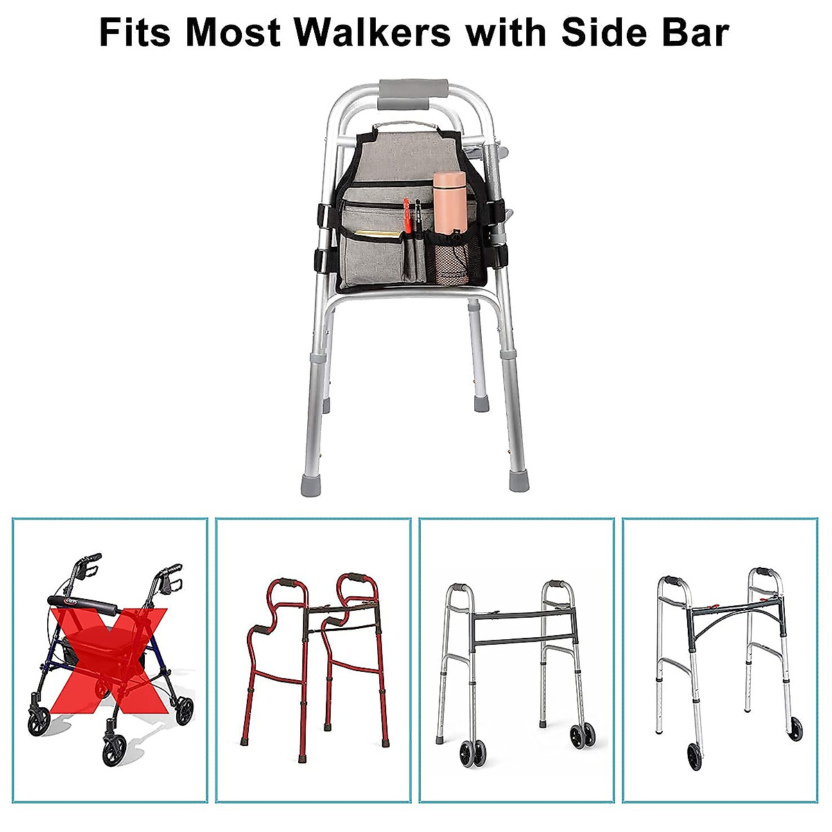 supregear Side Walker Bag, Walker Accessories Bag w/Cup Holder, Folding Walker Basket Waterproof Walker Organizer Caddy Pouch for Most Walker with Side Bar for Seniors, Elderly, Double Sided