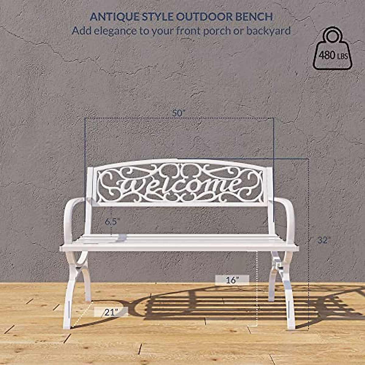 BELLEZE Outdoor Bench, 50-inch Patio Outdoor Garden Bench Cast Iron Metal Loveseat Chairs for Park, Porch, Lawn, Balcony, Backyard, Garden Accessories Antique Seat Furniture Welcome Design, White