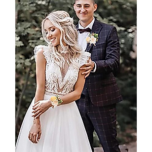 Campsis Wedding Corsage Boutonniere Champagne Rose Pearl Flower Wrist Corsage Groom Boutonniere Flower Decor Girls Bride Bridesmaid Lady for Prom and Dinner Party(2pcs)