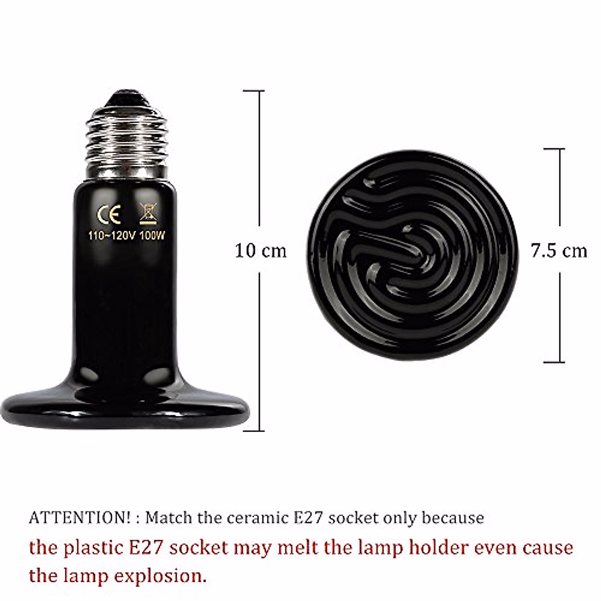 Zacro Reptile Heat Lamp 100W with One Digital Thermometer, Infrared Ceramic Heating Non-light Lamps Emitter 110V (Black)