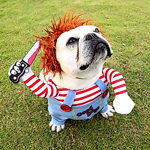 Chucky Deadly Pet Dog Costume Halloween Clothes Wig and Knife Novelty Funny Scary Props Outfit Apparel Accessories(Medium, pet Costume)