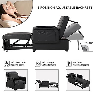 Oprisen Sleeper Chair Bed 3-in-1 Convertible Chair Bed Pull Out Sofa Bed w/Adjustable Backrest Faux Leather Chaise Lounge Sofa Bed Couch for Small Space w/Side Pockets (PU-Black)