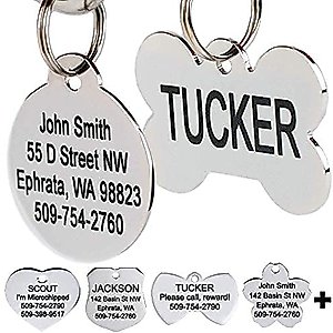 GoTags Stainless Steel Pet ID Tags, Personalized Dog Tags and Cat Tags, up to 8 Lines of Custom Text, Engraved on Both Sides, in Bone, Round, Heart, Bow Tie and More