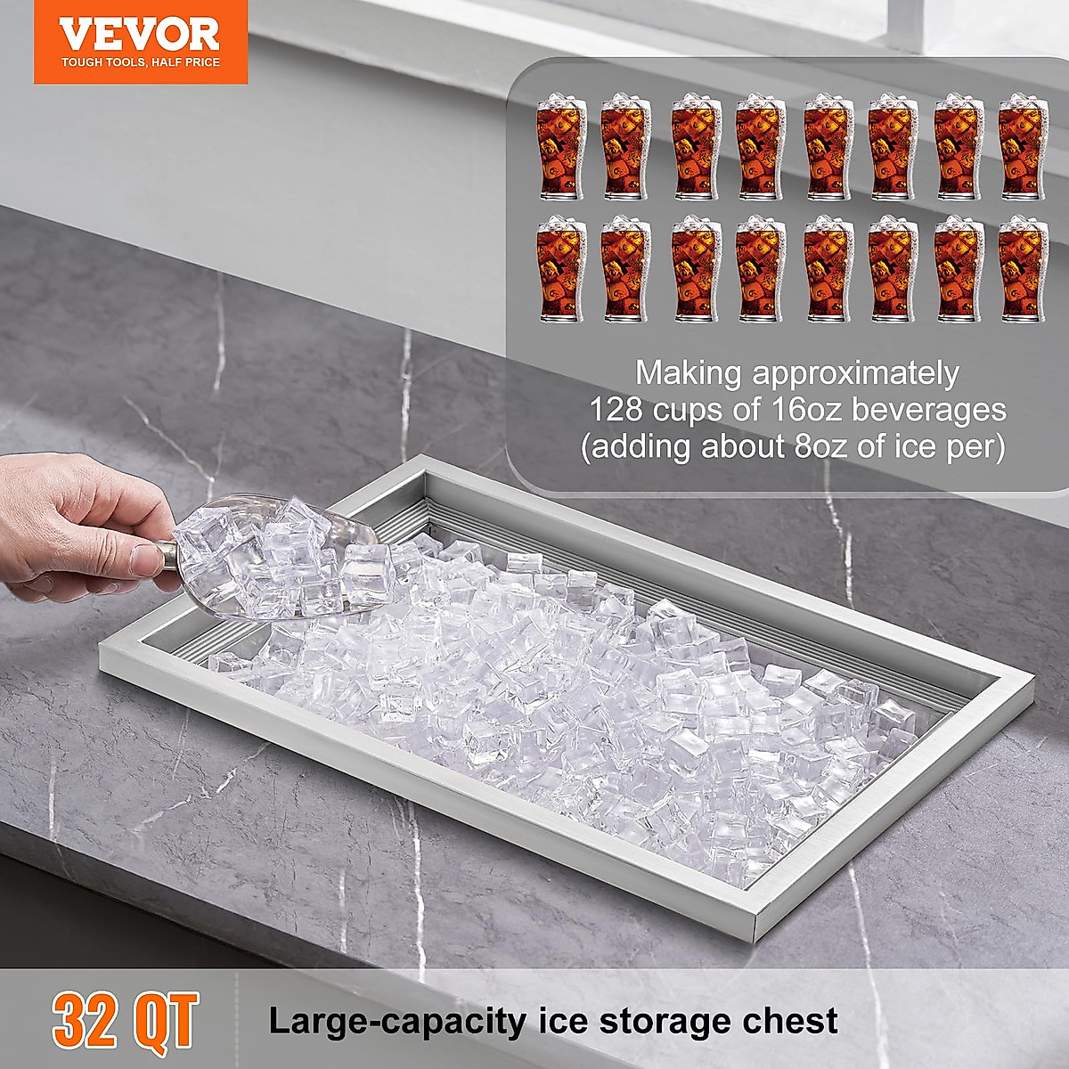 VEVOR Drop in Ice Chest, 20" L x 14" W x 12" H Stainless Steel Ice Cooler, Commercial Ice Bin with Cover, 40 qt Outdoor Kitchen Ice Bar, Drain-Pipe and Drain Plug Included, for Cold Wine Beer