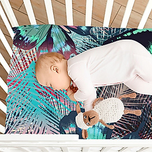 Tropical Leafs Butterfly Baby Crib Sheets Soft Toddler Bed Sheets Breathable Mattress Cover Playard Sheet for Gifts Boys Girls Nursery Bed Mattress, 39 * 27 * 5in