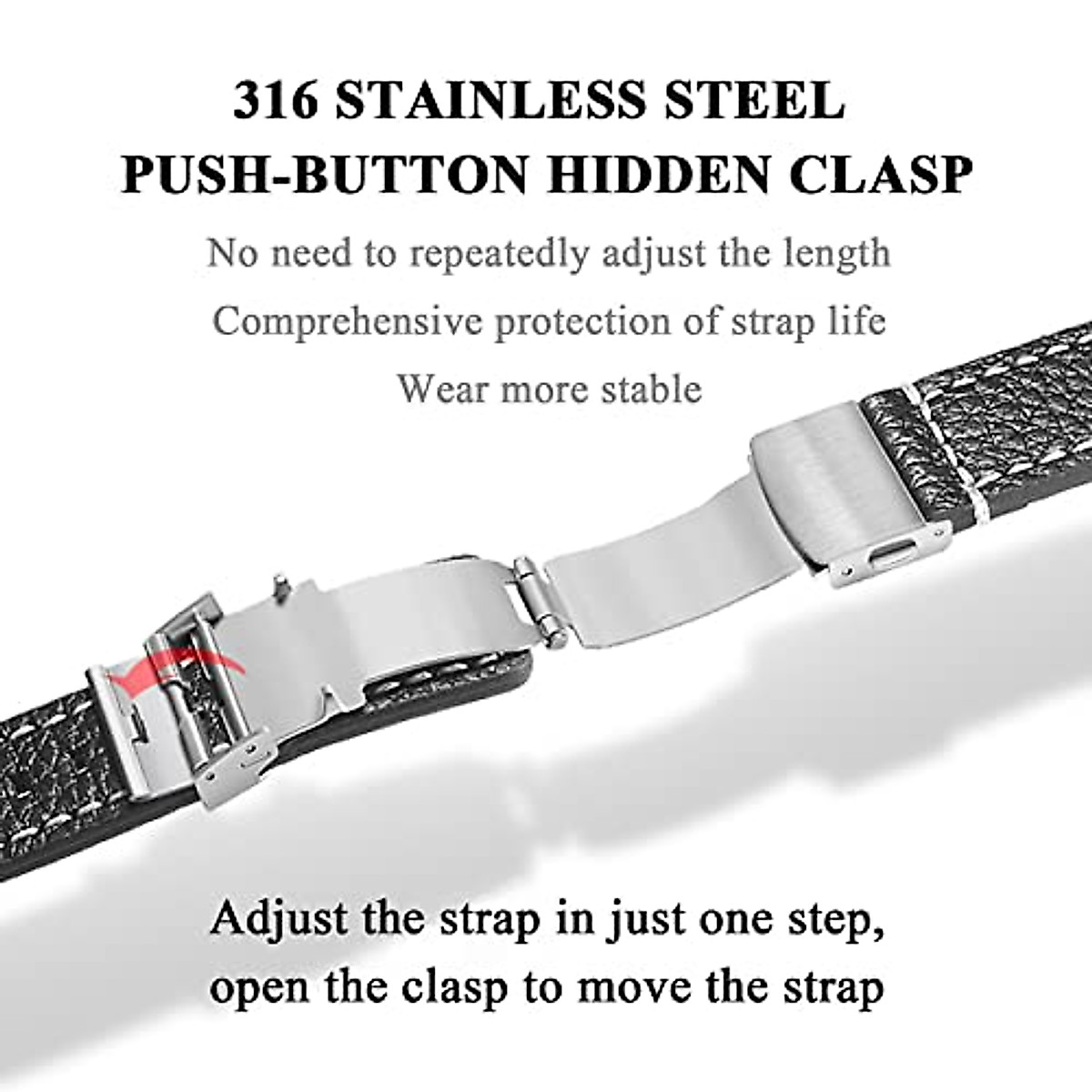 DOANYA 18mm Top Grain Leather Watch Band, Black Watch Strap Compatible with Fossil Sport (41mm women's) / Seiko 5 (SNK805 / SNK803 / SNK807) with Push Button Hidden Clasp for Men Women