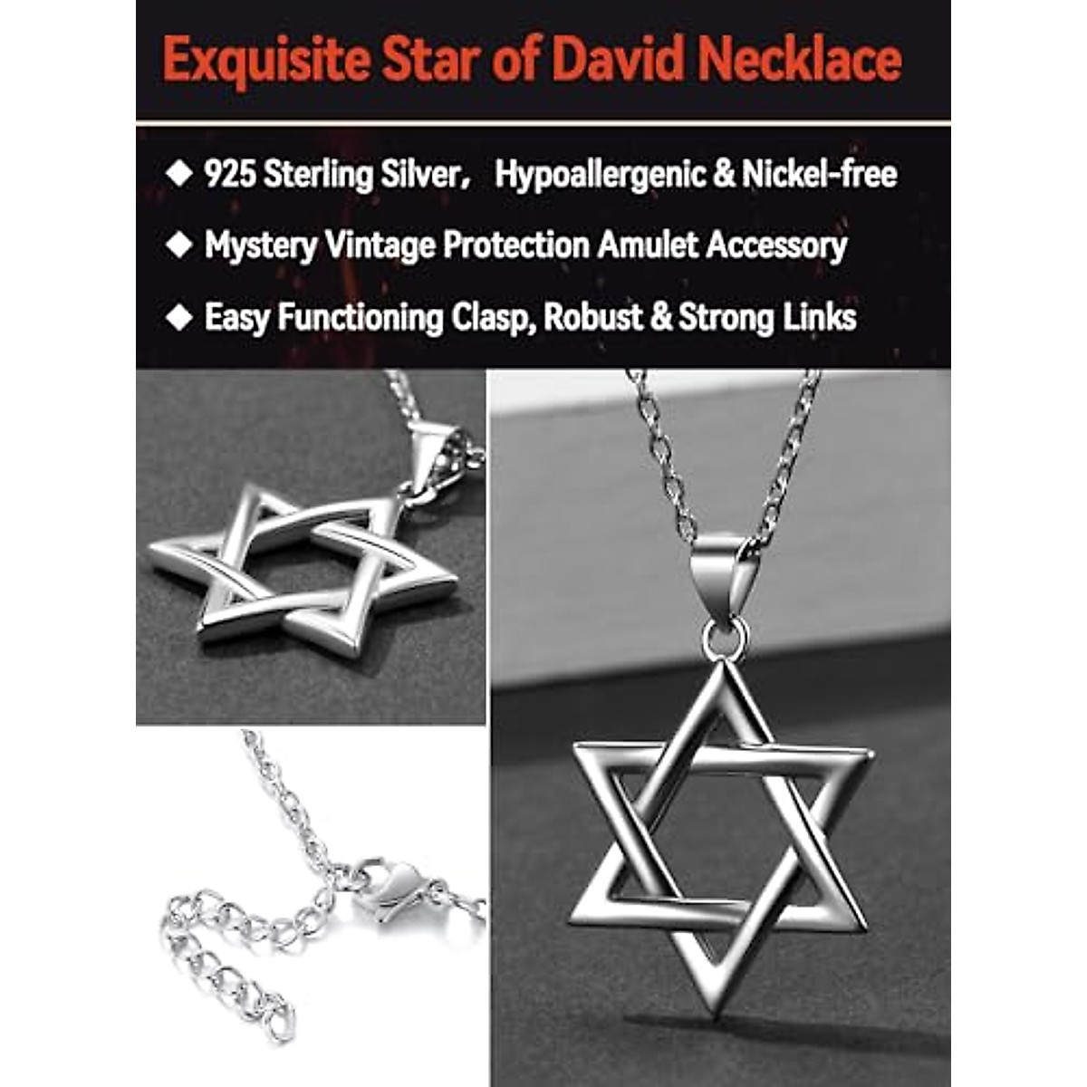 FaithHeart Sterling Silver Star of David Pendant Necklace Women Silver Religious Jewish Jewelry Charms Hexagram Pendant Necklace