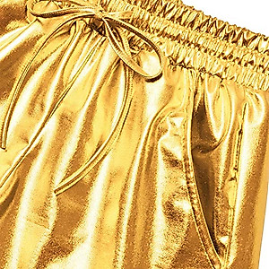 Women's Metallic Shorts Yoga Shiny Sparkly Hot Drawstring Outfit Short Pants Extra Small Gold