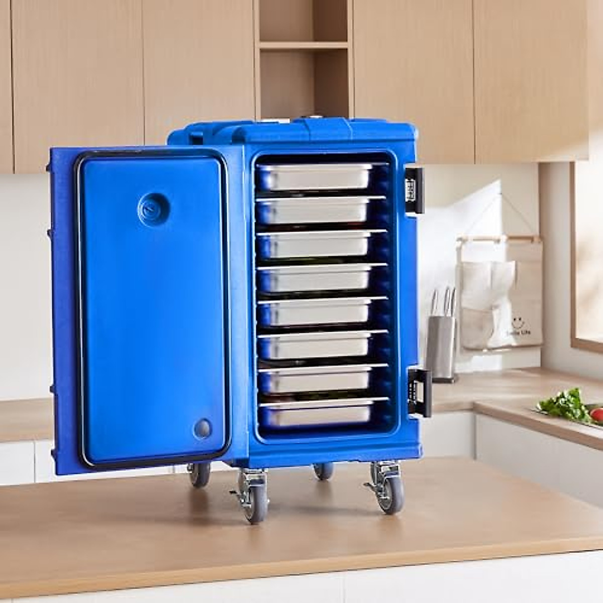 VEVOR Insulated Food Pan Carrier, 127 Qt Hot Box for Catering, LLDPE Food Box Carrier w/Double Buckles, Front Loading Food Warmer w/Handles, End Loader w/Wheels for Restaurant, Canteen, etc. Blue