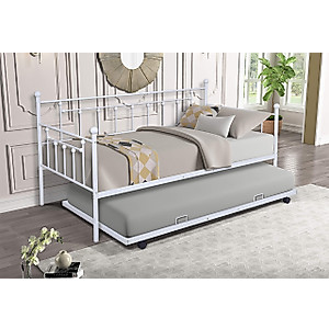 Modern Daybed with a Trundle Twin Size,Daybed Metal Frame with Pullout Trundle for Kids Teens and Adults, No Box Spring Needed,White Gray