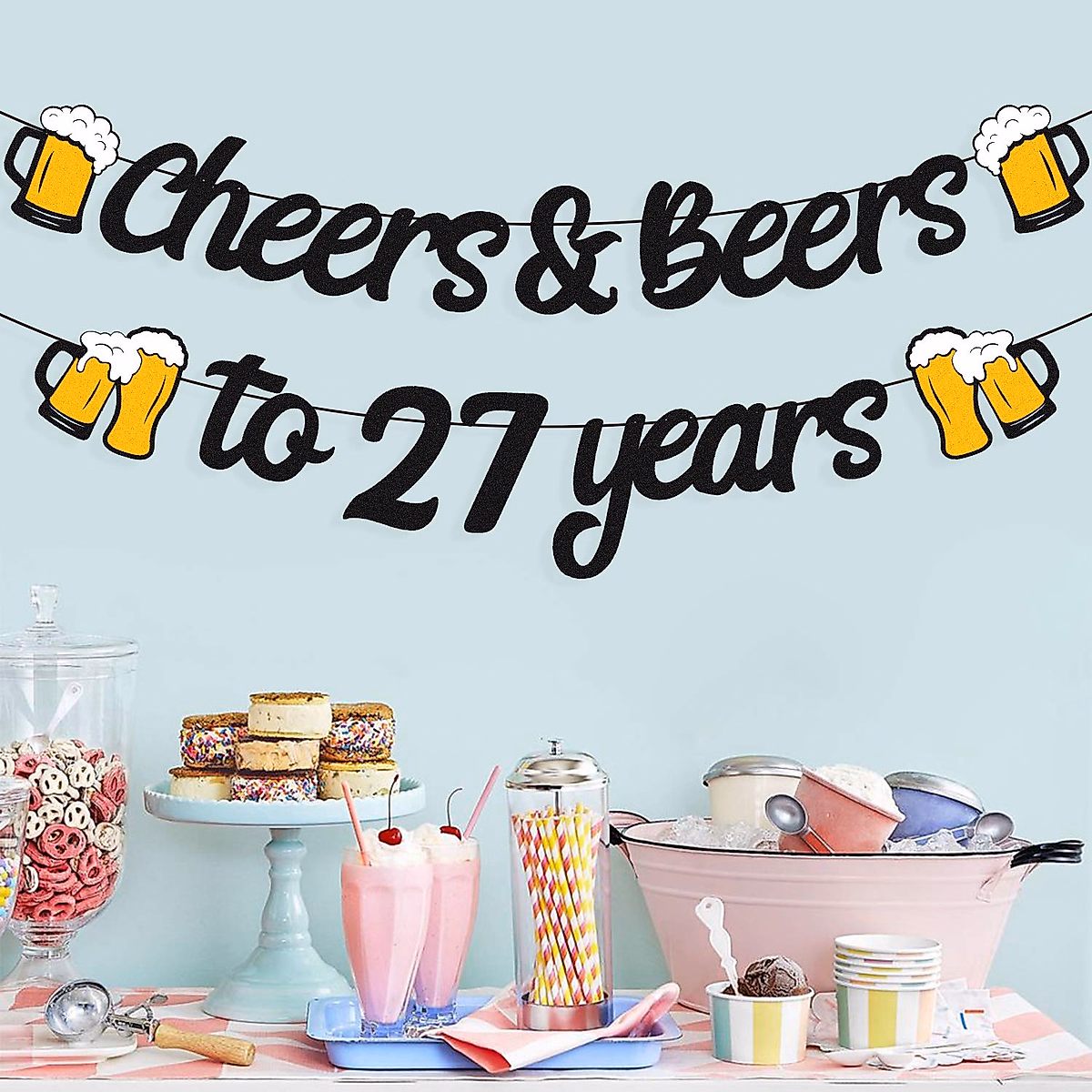 27th Birthday Decorations Cheers to 27 Years Banner for Men Women 27s Birthday Backdrop Wedding Anniversary Party Supplies Gold Glitter Decorations PRE Strung