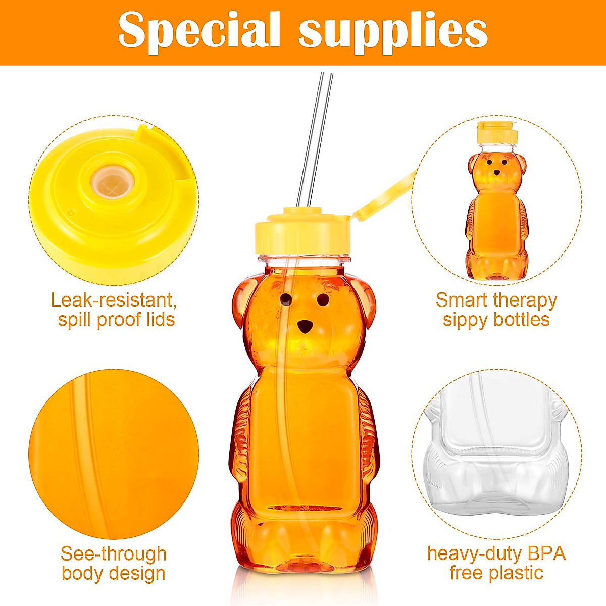 4 Pieces Juice Bear Bottles Honey Bear Drinking Bottles Plastic Reusable Drinking Cups with 4 Pieces Soft Silicone Straws for Daily Drinking Supplies (Yellow)