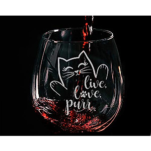Cat Lovers Engraved Live Love Purr Stemless Wine Glass Kitchen Decor Cat Lady Accessories Birthday Mothers Day Fathers Gifts for Women Men