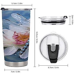 FHENMSA Reusable Plastic Water Cups with Lids,Dragonfly Lotus Print Anti-overflow Cup,sports Travel Coffee Cup