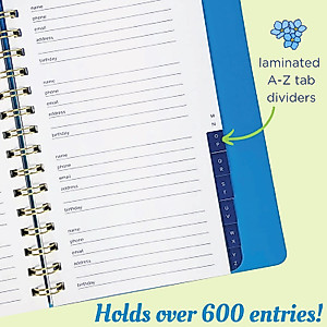 Steel Mill & Co Address Book with Alphabetical Tabs, Spiral Bound Contact Book, Blue Floral Personal Organizer, 8 x 6, Forget Me Not