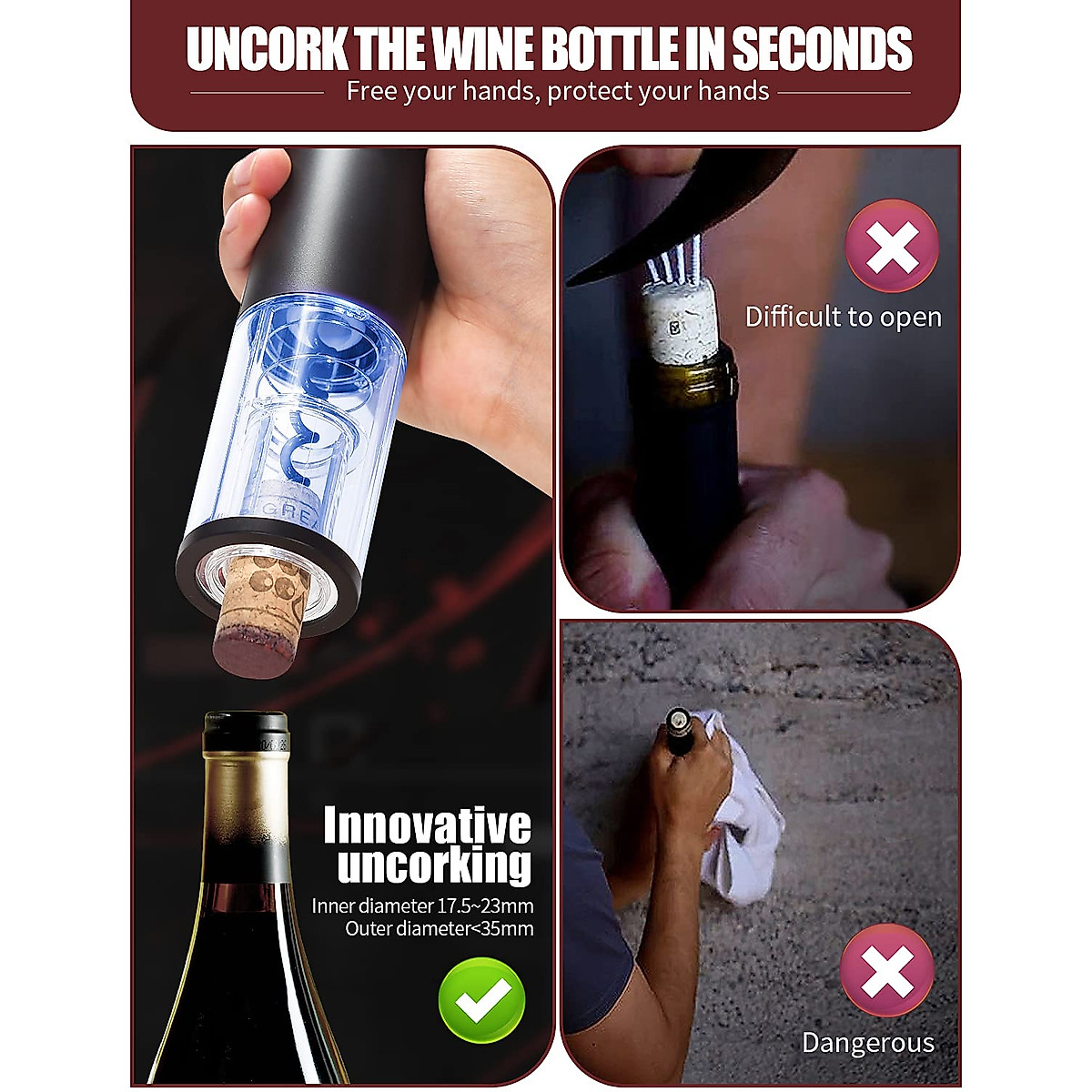 Electric Wine Bottle Opener, CielClair 6-in-1 Rechargeable Automatic Corkscrew Wine Opener Set with Foil Cutter, Wine Pourer, Wine Vacuum Stopper, Mini Champagne Stopper, Reusable Wine Gifts, Black