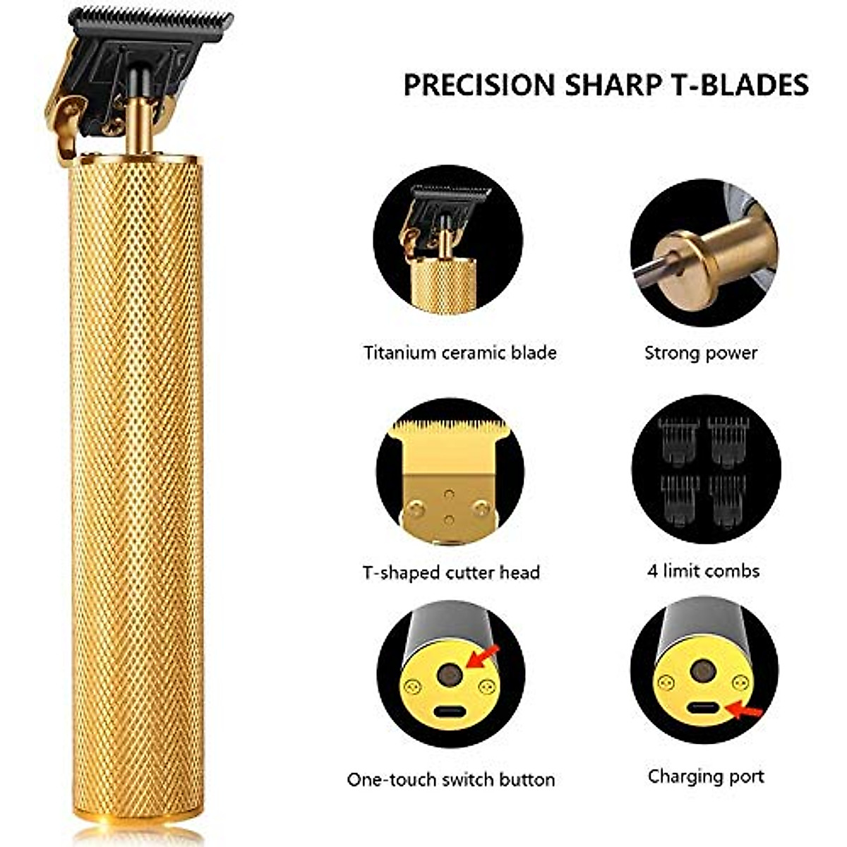 Electric Pro Hair Clippers T-Blade Beard Trimmer USB Rechargeable Cordless Outliner Hair Trimmers for Men Professional Grooming Kit With 4 Limit Comb Gold(0/1.5/3/6/9 mm)