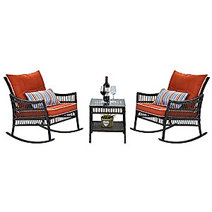 DECMICO Outdoor Rocking Chairs 3 Pieces Patio Conversation Front Porch Furniture, Wicker Rocking Chairs Bistro Set with Glass Coffee Table and Cushions for Garden and Balcony…