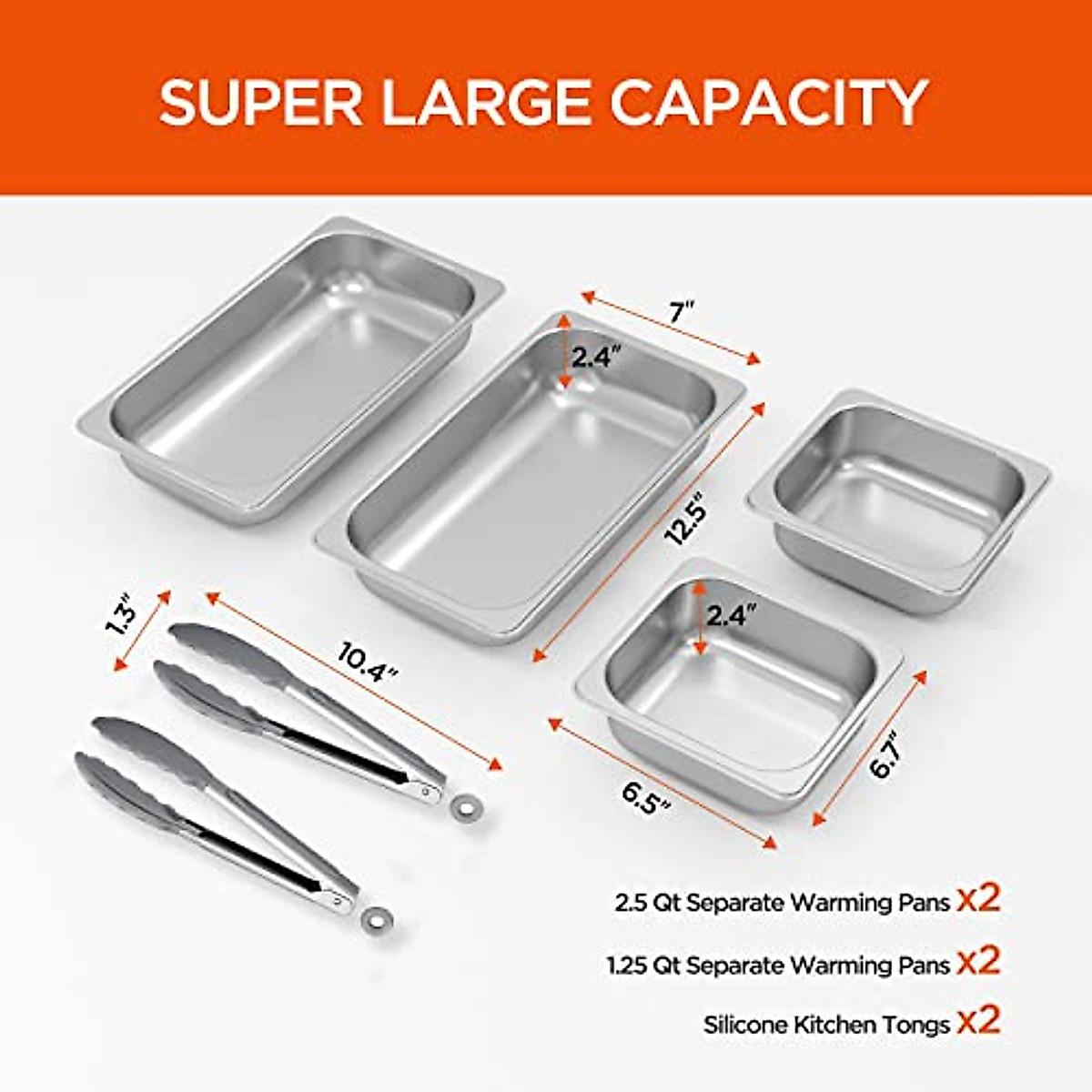 Eficentline 7.5Qt Buffet Server and Warmer,Electric Food Warmer for Parties,Stainless Steel Warming Trays with Adjustable Temperature,2x 2.5 Qt & 2x1.25 Qt Warming Pans,2 x Silicone Kitchen Tongs