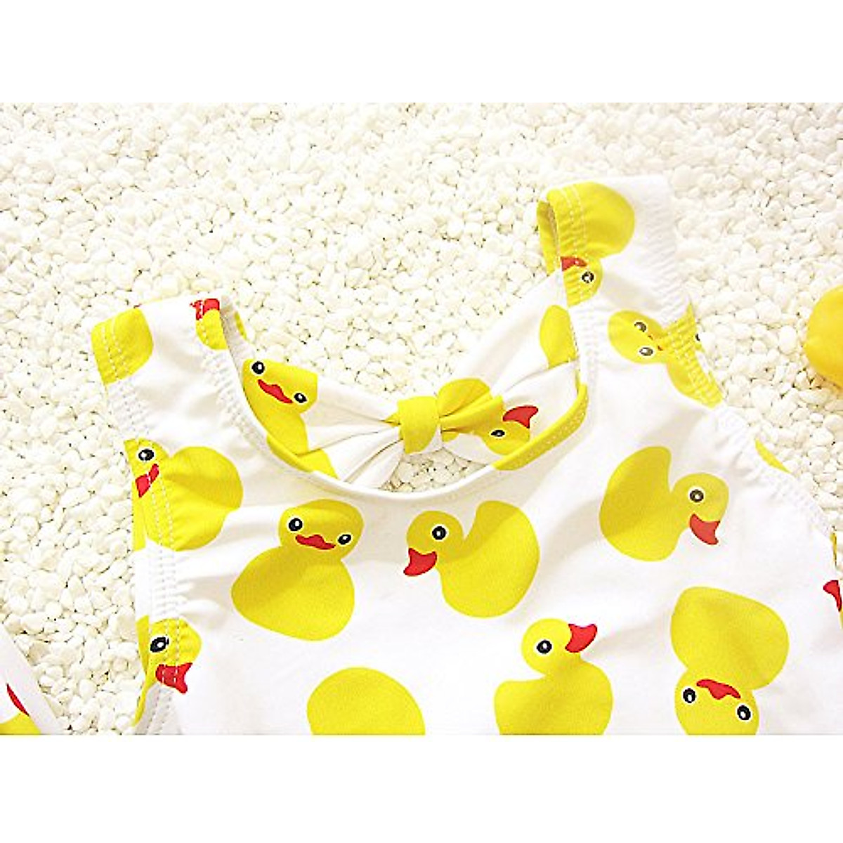 WINZIK Baby Girls One Piece Swimsuit Cute Duck Print Toddler Kids Swimwear Beachwear Bathing Suit Summer Clothes with Hat (12-18 Months, Yellow)