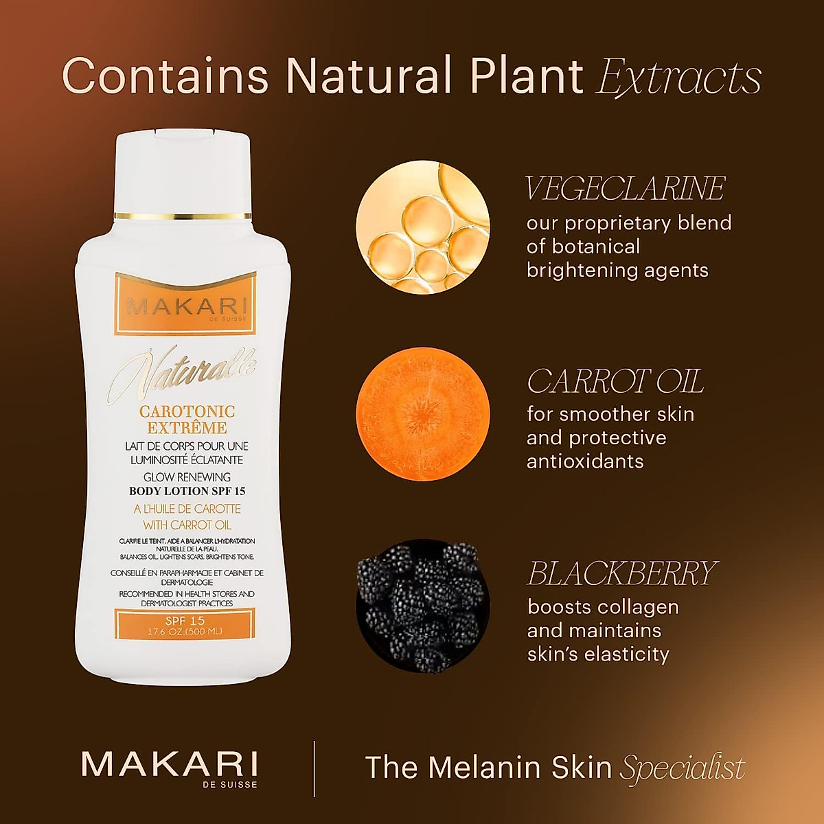 MAKARI Carotonic Extreme Body Lotion (17.6 oz) | Fights Excess Oil Production | Helps Fade Body Scars and Marks | Skin Brightening Formula | Helps Resist Aging and Promotes Healthy Radiance