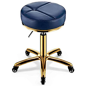 LWBLJX Metal Rolling Bar Stool Beauty Salon Medical Counter Makeup Chair with Swivel Wheels, PU Leather Seat & SGS Air Rods, Adjustable 44-59 cm(Color:DarkBlue)