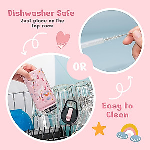 BUZIO Insulated Water Bottle for Kids, Modern Vacuum Insulated Hydro Bottle with 2 Straw Lids, 14oz Double Walled Wide Mouth Sports Drink Flask with Pink Unicorn Patterns, Simple Thermo Canteen Mug