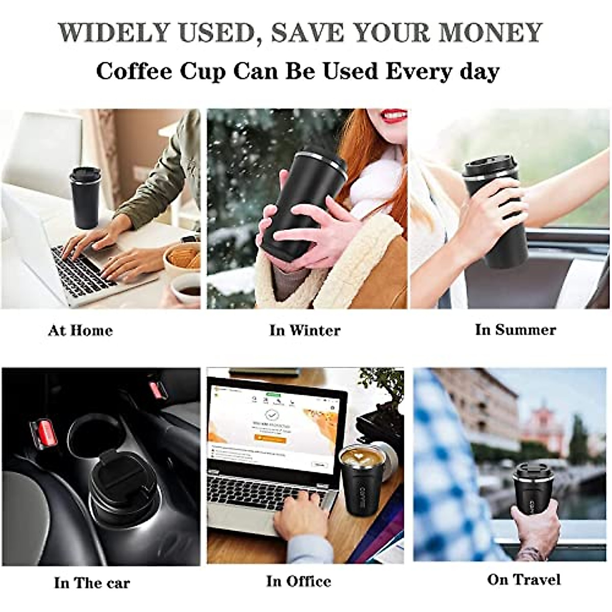 Insulated Coffee Mug with Lid, 18oz Vacuum Stainless Steel Tea Tumbler Cup, Durable Double Wall Leak-Proof Reusable Coffee Cup Thermos Mug for Travel Office School Party Camping (Black)