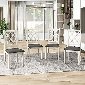 Dinehome Kitchen 5-Piece Solid Wood Round Dining Table Set with 4 Upholstered Chairs for Small Places, Brown+Gray
