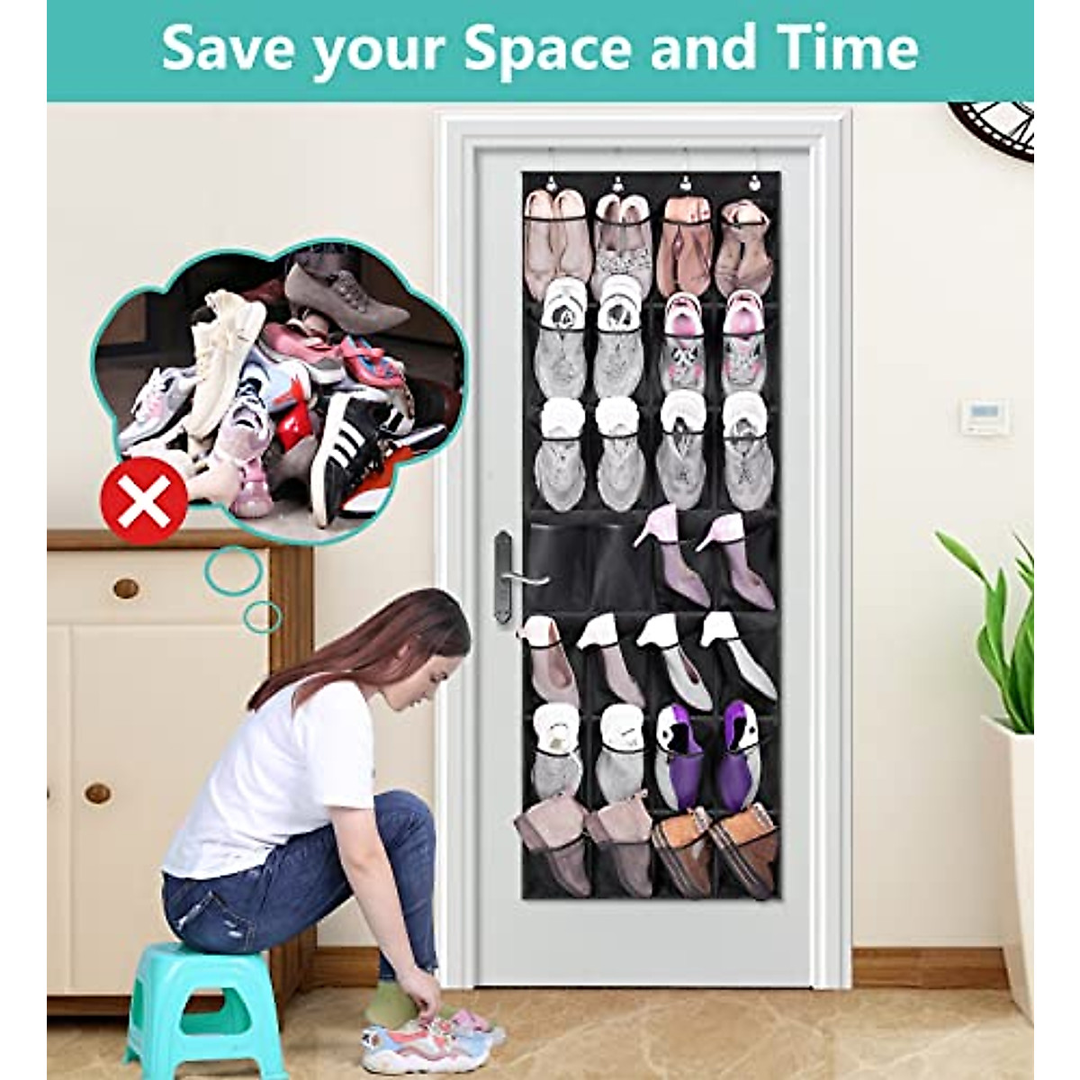 MISSLO 28 Large Pockets Hanging Shoe Organizer and 28 Large Pockets Hanging Shoe Rack Door Shoe Organizer Hanging Shoe Storage Hanger for Closet Mesh Holder