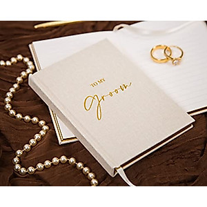 MUUJEE to My Groom and to My Bride Vow Books (Set of 2) - Ivory Canvas Linen Gold Foil Embossed Vows Book Journal for Wedding Ceremony Vow Renewal Valentines Day Gift for Husband Wife