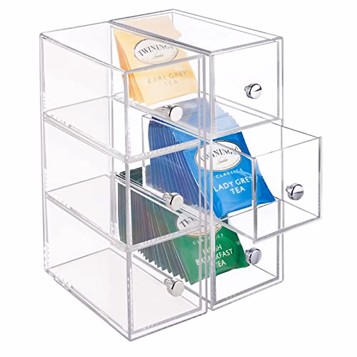 mDesign Plastic Kitchen Pantry Stackable Storage Organizer Container Station with 3 Drawers for Cabinet, Countertop, Holds Coffee, Tea, Sugar Packets, Creamers - Lumiere Collection - 2 Pack - Clear