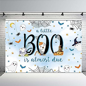 MEHOFOND 7x5ft Halloween Baby Shower Backdrop a Little Boo is Almost Due Blue Watercolor for Boy Background with Spider Web Baby Shower Party Banner Decor Photo Booth Studio