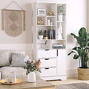 SEJOV Stylish White Bookshelf, 71" Tall Bookshelf with Doors and 3 Drawers, Wood Bookshelf with 4-Tier Open Shelves, for Bedroom Living Room Entrance Hallway Home Office