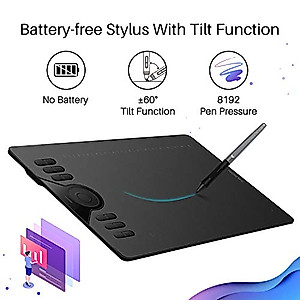 Drawing Tablet HUION HS610 Graphic Tablet with Battery-Free Stylus 8192 Pen Pressure Tilt Function, 10x6.25 Inches Digital Tablet for Animation & Design, Compatible with Windows/Mac/Android