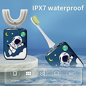 Canbrake Kids Electric Toothbrush, U Shaped Ultrasonic Automatic Toothbrush, with 3 Brush Heads, Six Smart Modes Timer Auto Toothbrush, IPX7 Waterproof Design, Cute Cartoon Tooth Brush for Children