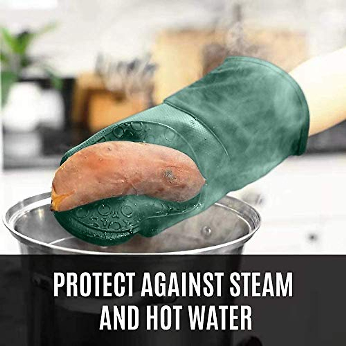 HOMWE Extra Long Professional Silicone Oven Mitt, Oven Mitts with Quilted Liner, Heat Resistant Pot Holders, Flexible Oven Gloves, 1 Pair (Green, 13.7 inch)