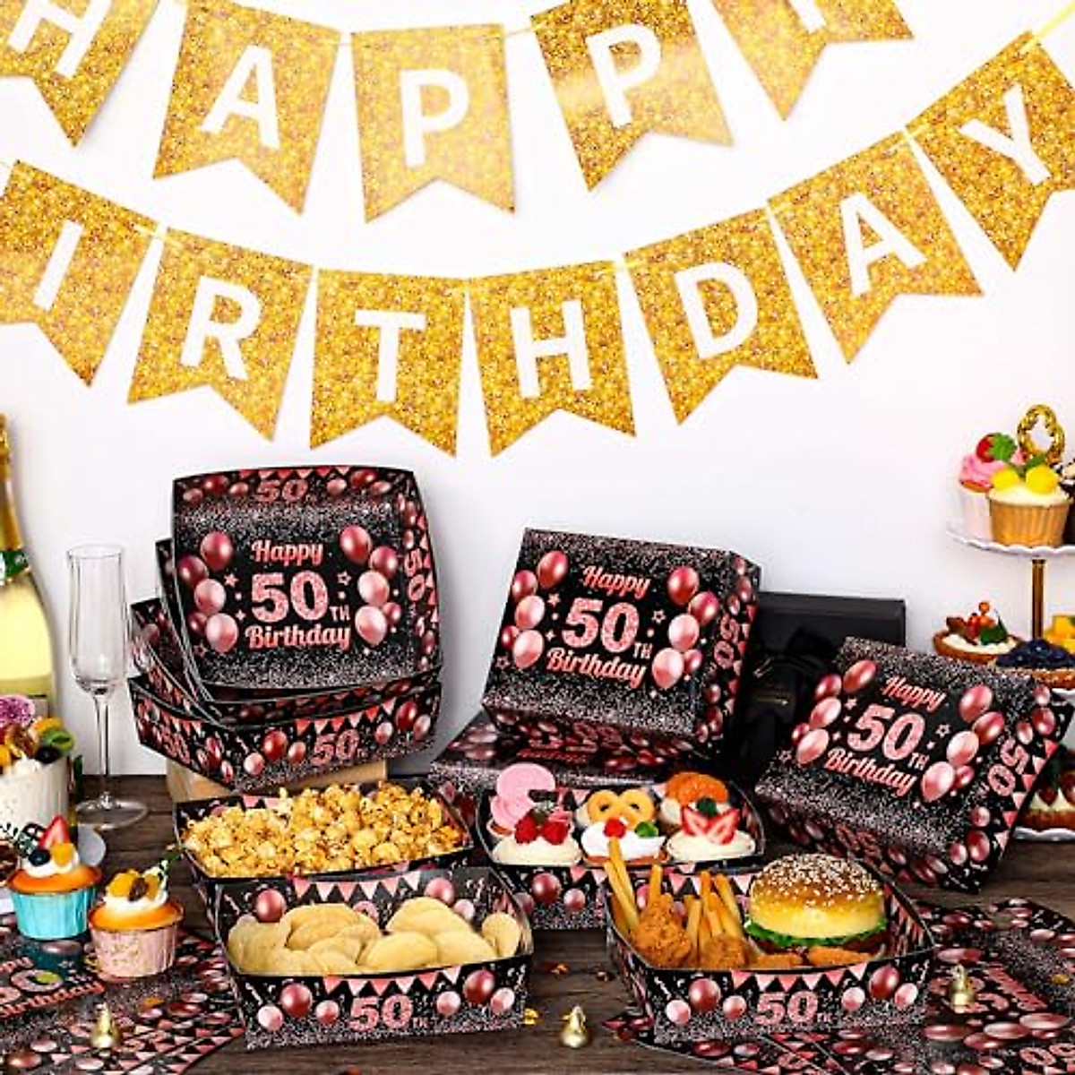 Tenceur 50 Pcs 50th Birthday Party Supplies Trays 5 lb Black and Rose Gold Large Paper Boats for Food Disposable Snack Serving Nacho Trays for Men Women Happy 50 Years Birthday Party Supplies