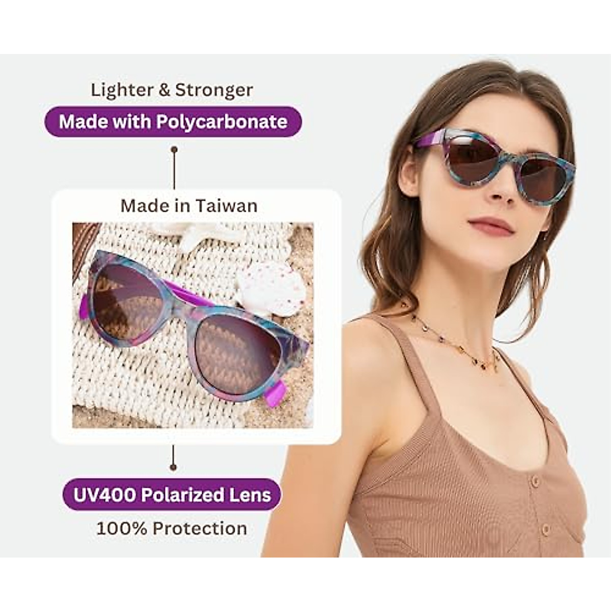 Leafael Sunglasses Womens Trendy Retro Purple Floral Designs | Polarized Lens UV Protection | Round Cat Eye Frame | Casual & Active