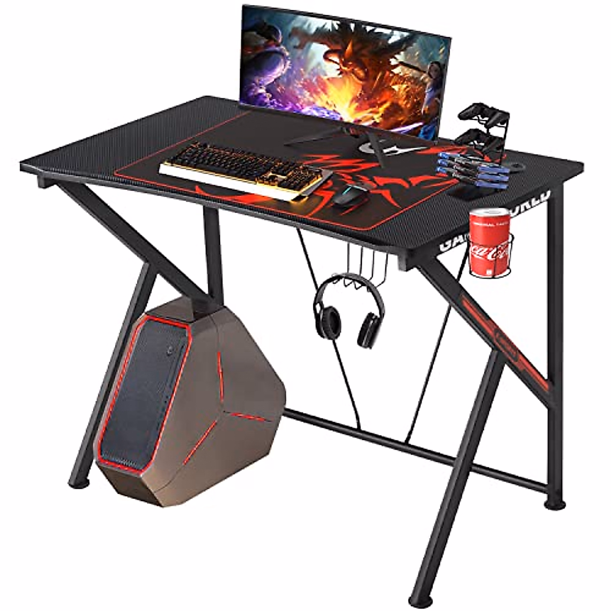 LYNSLIM Gaming Desk 39 Inch – Computer Deak for Home, K Shaped PC Gaming Table, Ergonomic Gamer Desk with Headphone Hook, Cup Holder and Cable Management (Black)