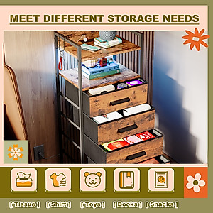 Nightstand 5 Drawer Dresser with Charging Station & LED Lights, Side Table with Fabric Drawers, End Table with Open Shelf with Hooks, Tall Dresser for Bedroom, Hallway, Entryway (Rustic Brown)