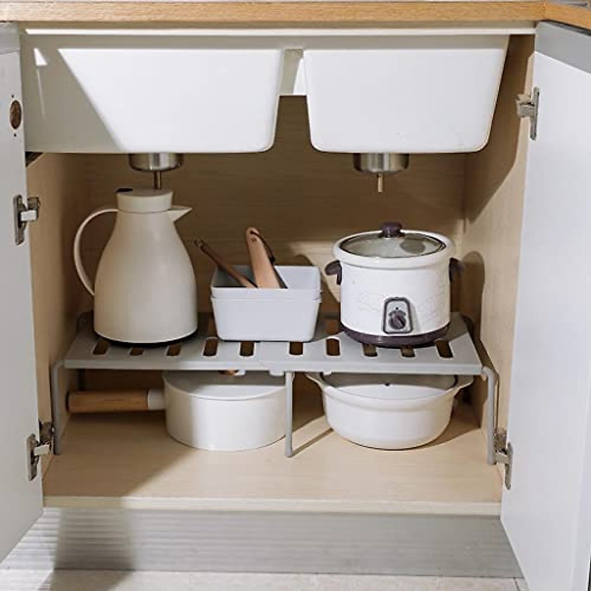 Generic Expandable Storage Rack Scalable Design Shelf Multifunctional for Cabinet Kitchenware, Gray
