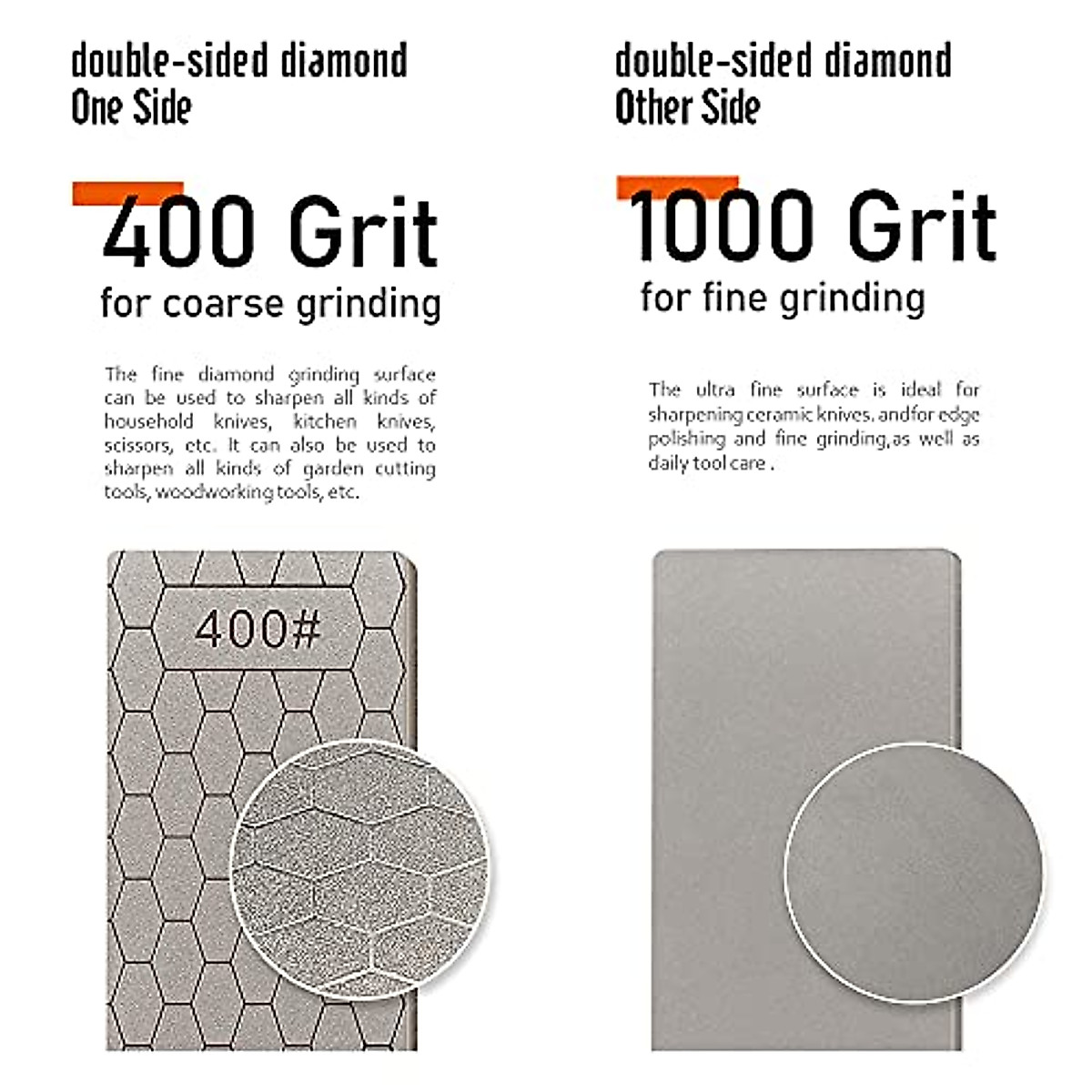 BNELL 5-In-1 Diamond Knife Sharpening Stone, Rod Double-Sided Sharpening Stone Honeycomb Surface Outdoor Kitchen Grinding Tool with Angle Guide(400/1000Girt)