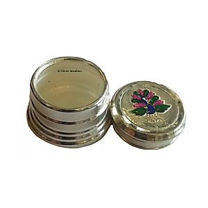 shree jewellers SJ Pure Silver Designer Peacock Meenakari Sindoor Dabbi with Lid, Pooja Items for Home, KumKum Round Box Spiritual Gift Item ~ Small Size 3.5 x 2.5 cm