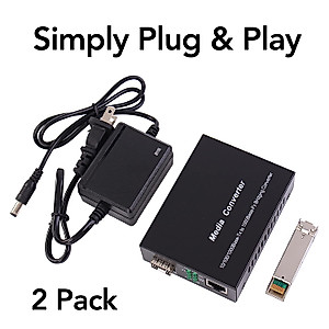 2 PACK Fiber Transceiver, 1.25G/s Bidi Gigabit Single-Mode Fiber Ethernet Media Converter with 2PCS Bidi SFP LC Module Included, 10/100/1000Base-Tx to 1000Base-SX SMF RJ45 to SFP Slot up to 30KM