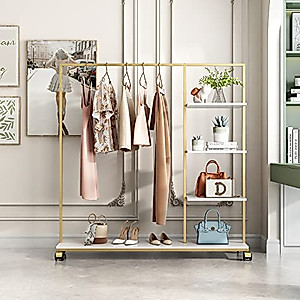 FONECHIN Metal Gold Clothing Rack for Boutique Use, Heavy Duty Garment Rack with Shelves for Retail Display (59L inches)