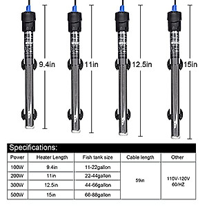 WELOMELO 100W / 200W / 300W / 500W Submersible Fish Tank Heating Rod, Temperature Adjustable Fish Tank Heating Rod/Thermostatic Rod with 2 Suction Cups-200W