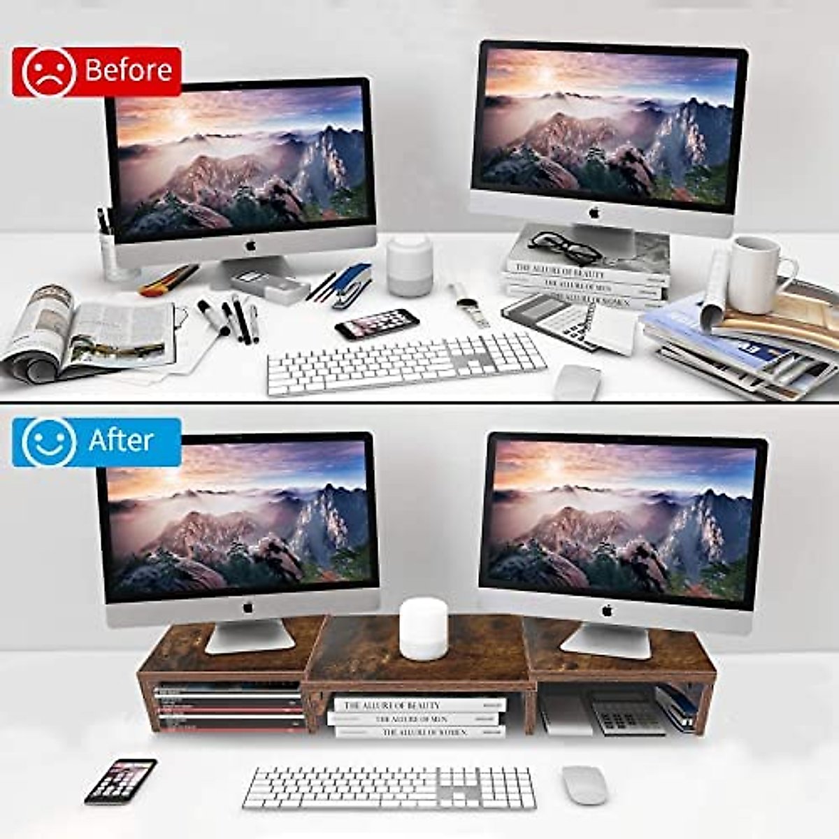 TEMI Monitor Stand Riser for 2 Monitors, Dual Monitor Riser Wood for Desk Standing, Wooden Computer Monitor Riser with Adjustable Angle and Length for Laptop, Computer, TV, PC and More (Rustic Brown)
