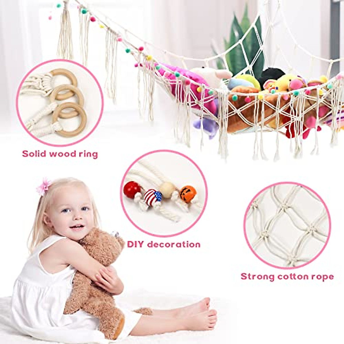 Stuffed Animal Nets, 59 Inches Hanging Stuffed Animal Netting Storage Large Wall Corner Stuffed Animal Hammock Organizer Ceiling Net DIY Beads for Kids Toy Display Bedroom Nursery (59 Inches, White)